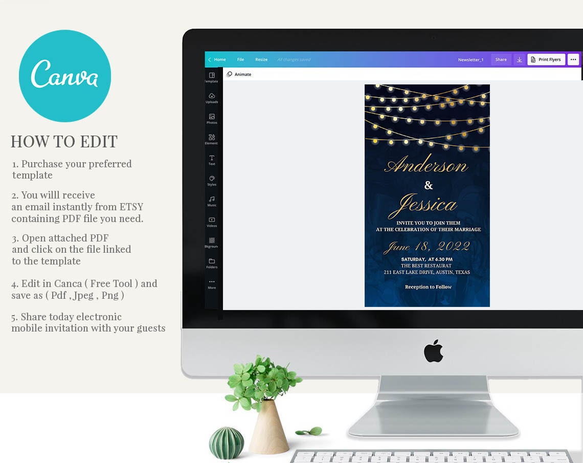 Editable String Lights Wedding Invitation Blue Rustic String - Etsy