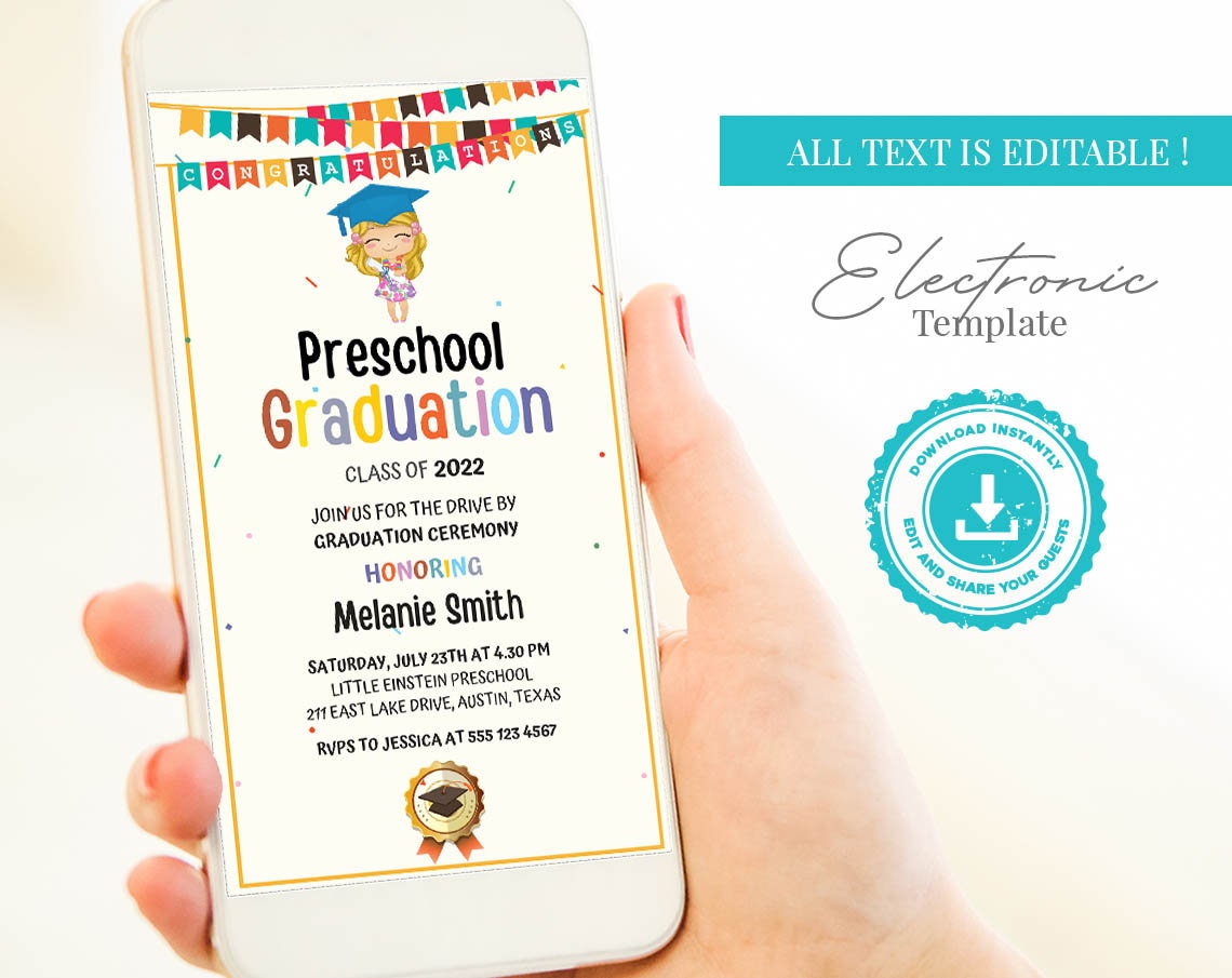 Editable Preschool Graduation Invitation for Girl, Electronic ...
