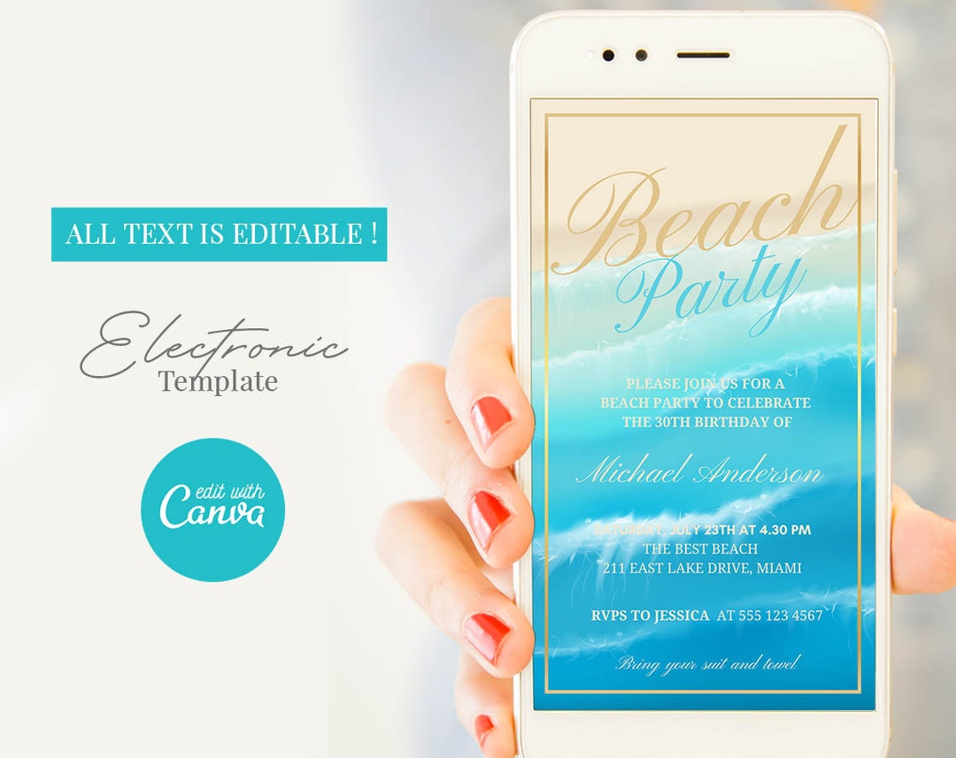 Editable Beach Birthday Party Invitation, Beach and Ocean Wave Party ...