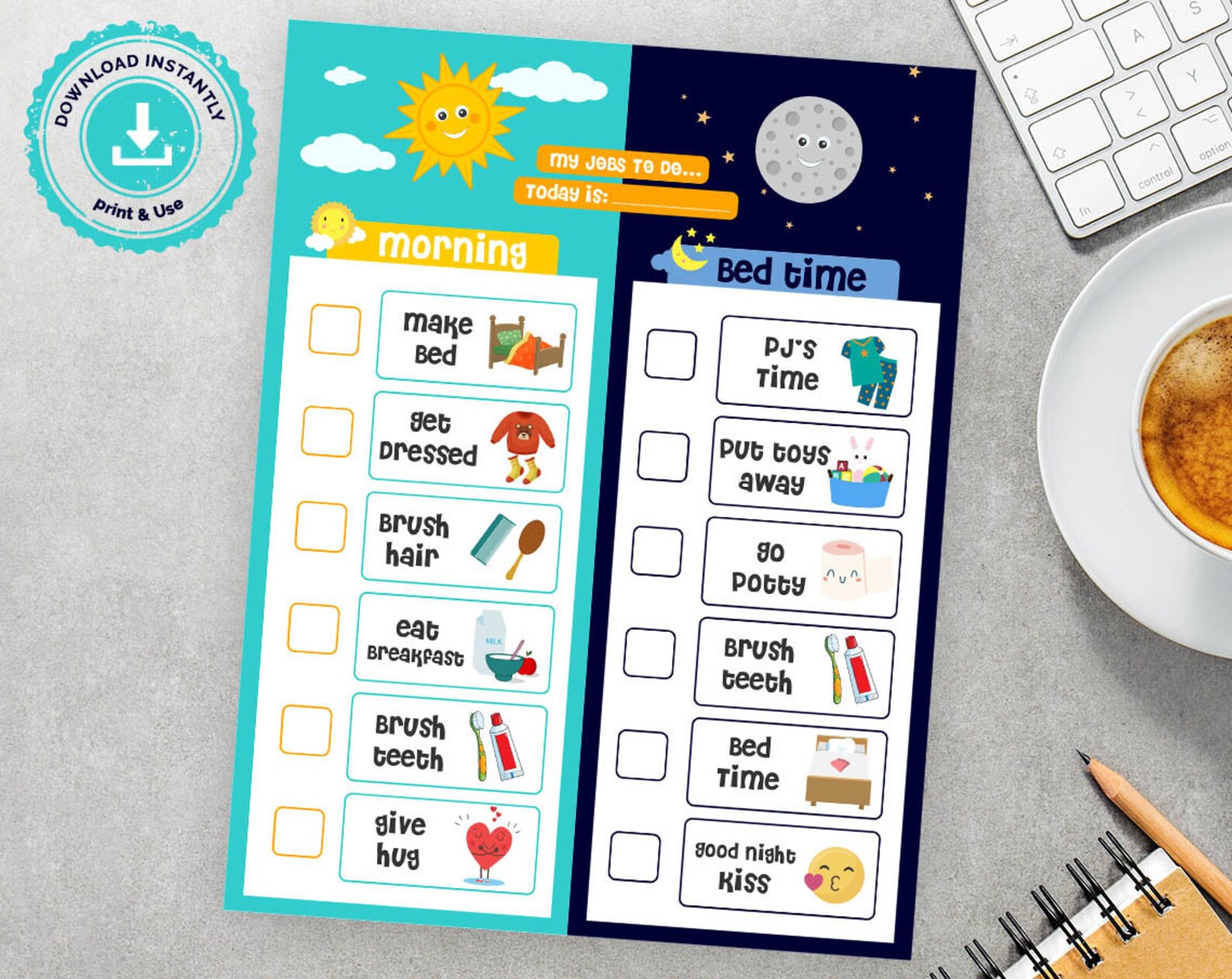 Printable Kids Routine Chore Chart Checklist for Morning and Bedtime ...