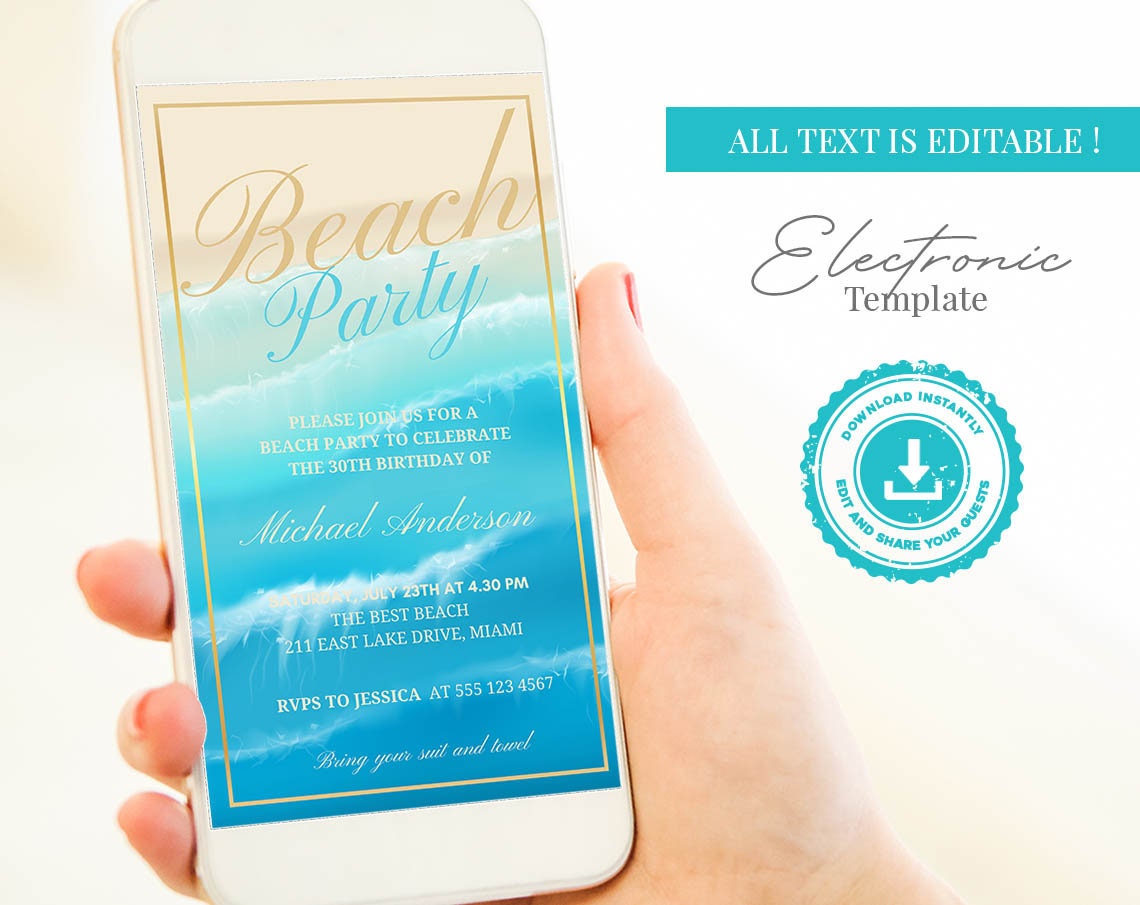 Editable Beach Birthday Party Invitation, Beach and Ocean Wave Party ...