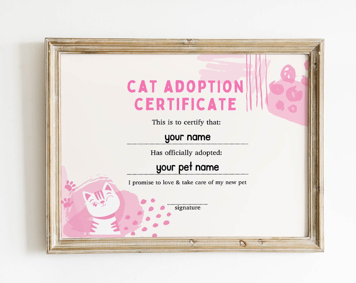 Printable Pink Cat Adoption Certificate Instant Download - Etsy