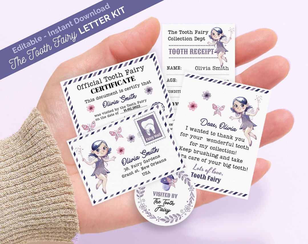 Watercolor Purple Tooth Fairy Letter Bundle, Editable Tooth Fairy ...