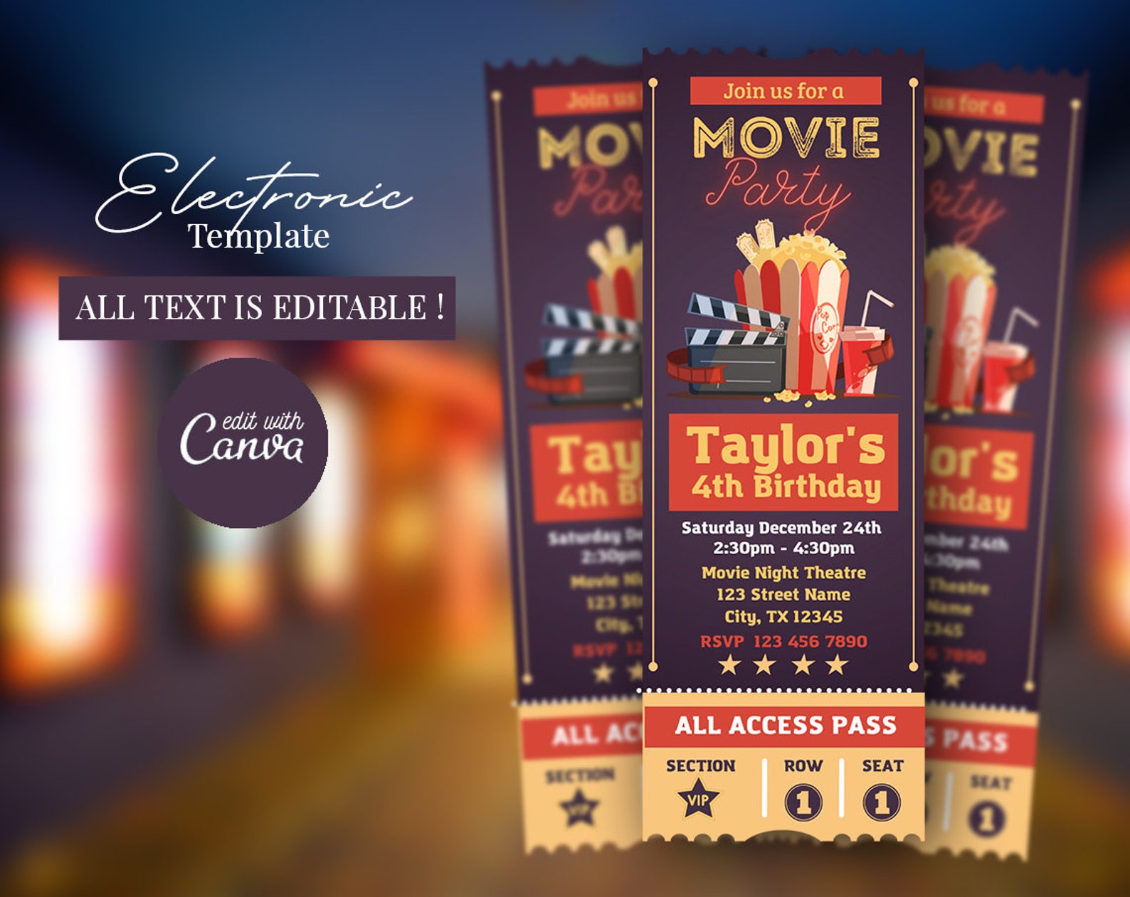 Printable Movie Party Ticket Birthday Invitation, Movie Night Birthday ...