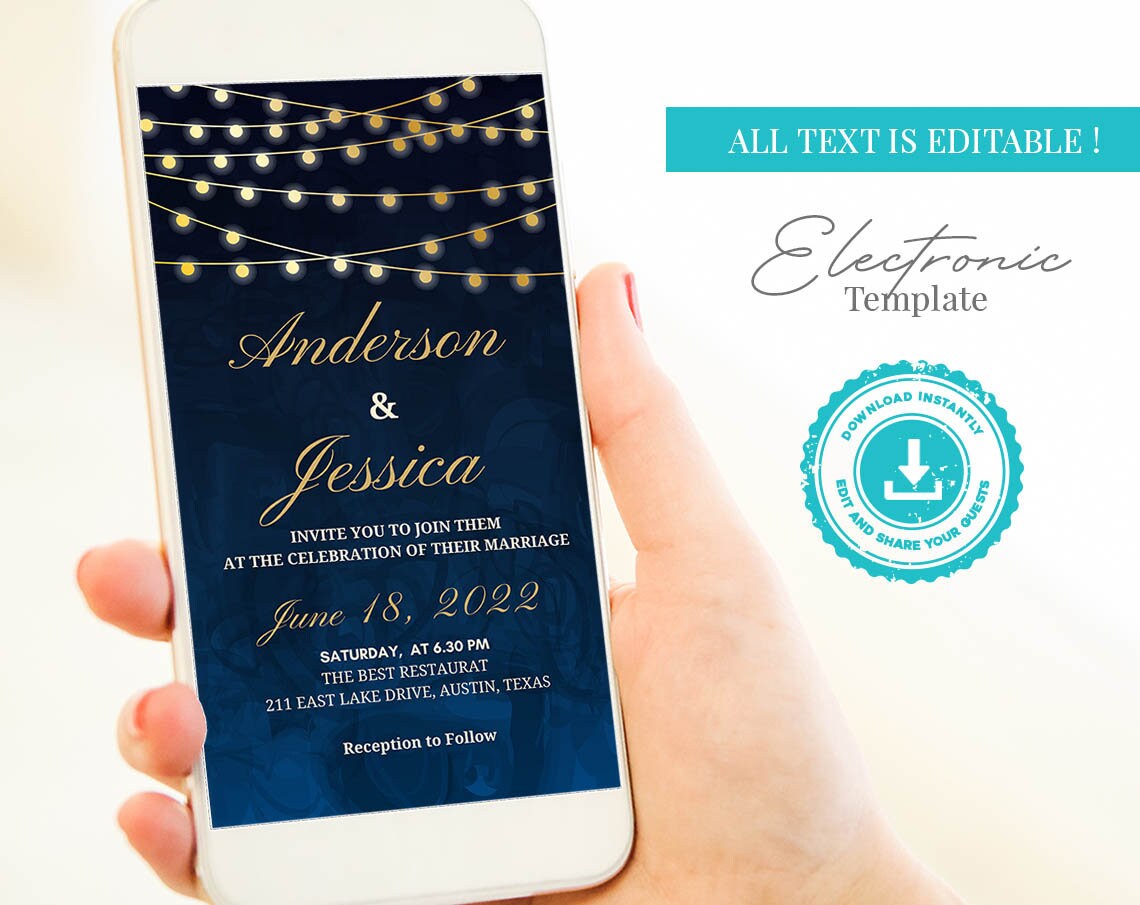 Editable String Lights Wedding Invitation, Blue Rustic String of Lights ...