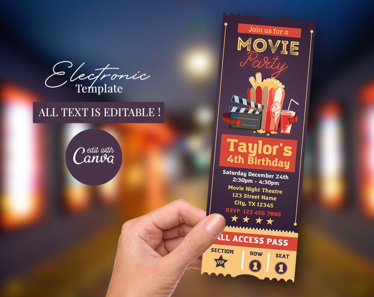 Printable Movie Party Ticket Birthday Invitation Movie Night | Etsy