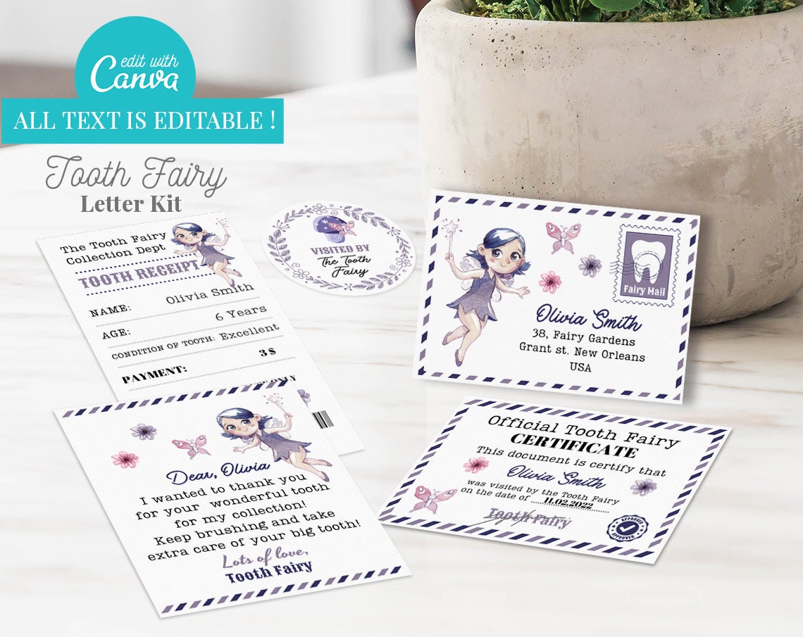 Watercolor Purple Tooth Fairy Letter Bundle Editable Tooth | Etsy
