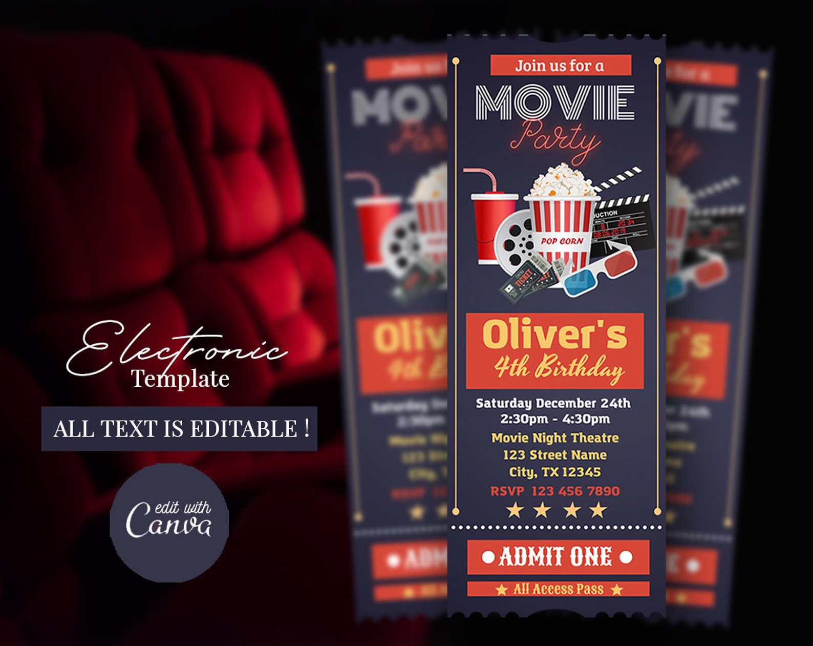 Editable Movie Ticket Invitation Template, Movie Night Ticket Child ...