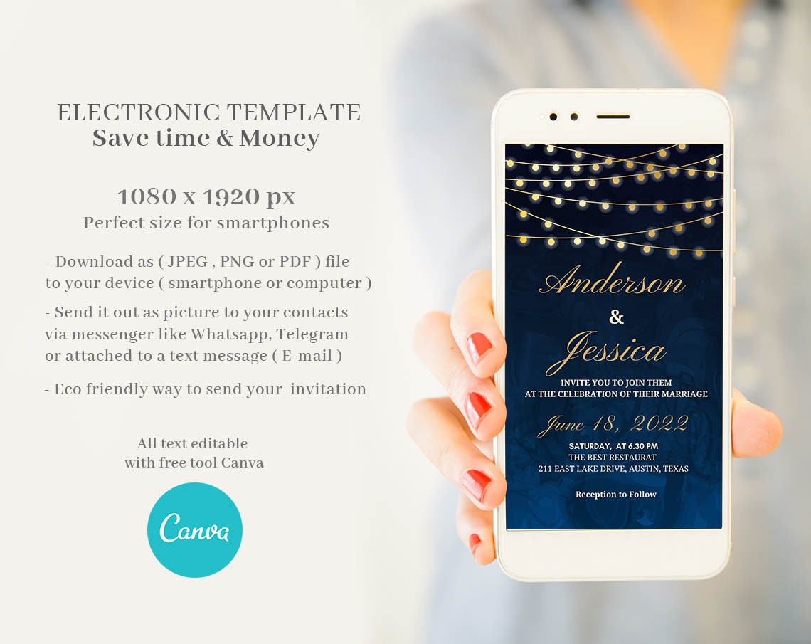 Editable String Lights Wedding Invitation, Blue Rustic String of Lights ...