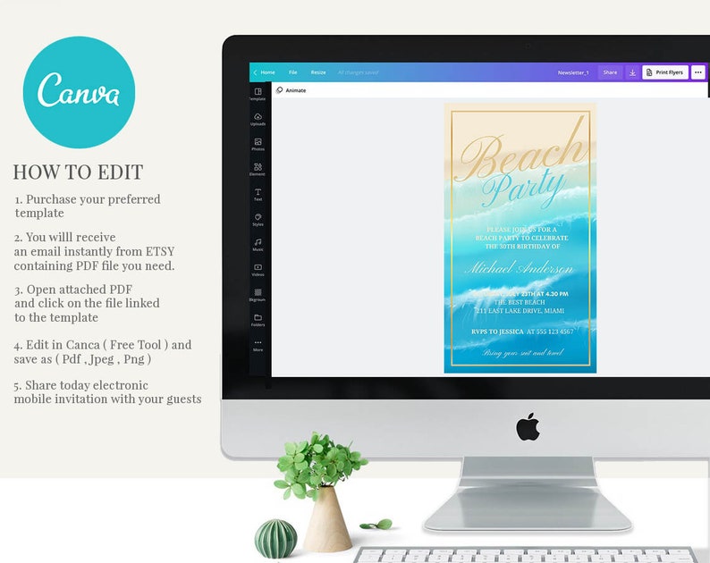 Editable Beach Birthday Party Invitation, Beach and Ocean Wave Party ...