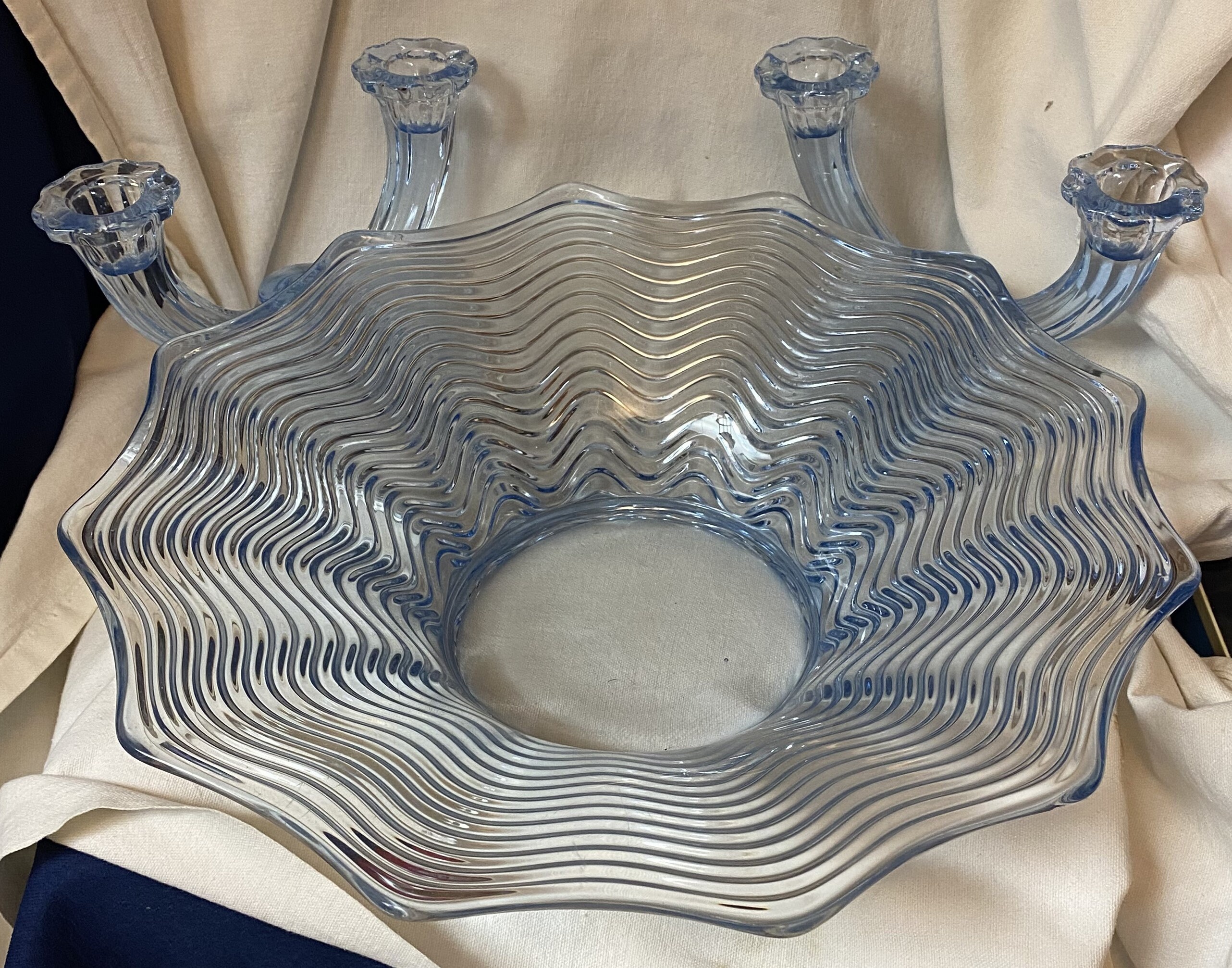 Caribbean Blue Console Set 12" Bowl Pair 7" Candlesticks Duncan Miller ...