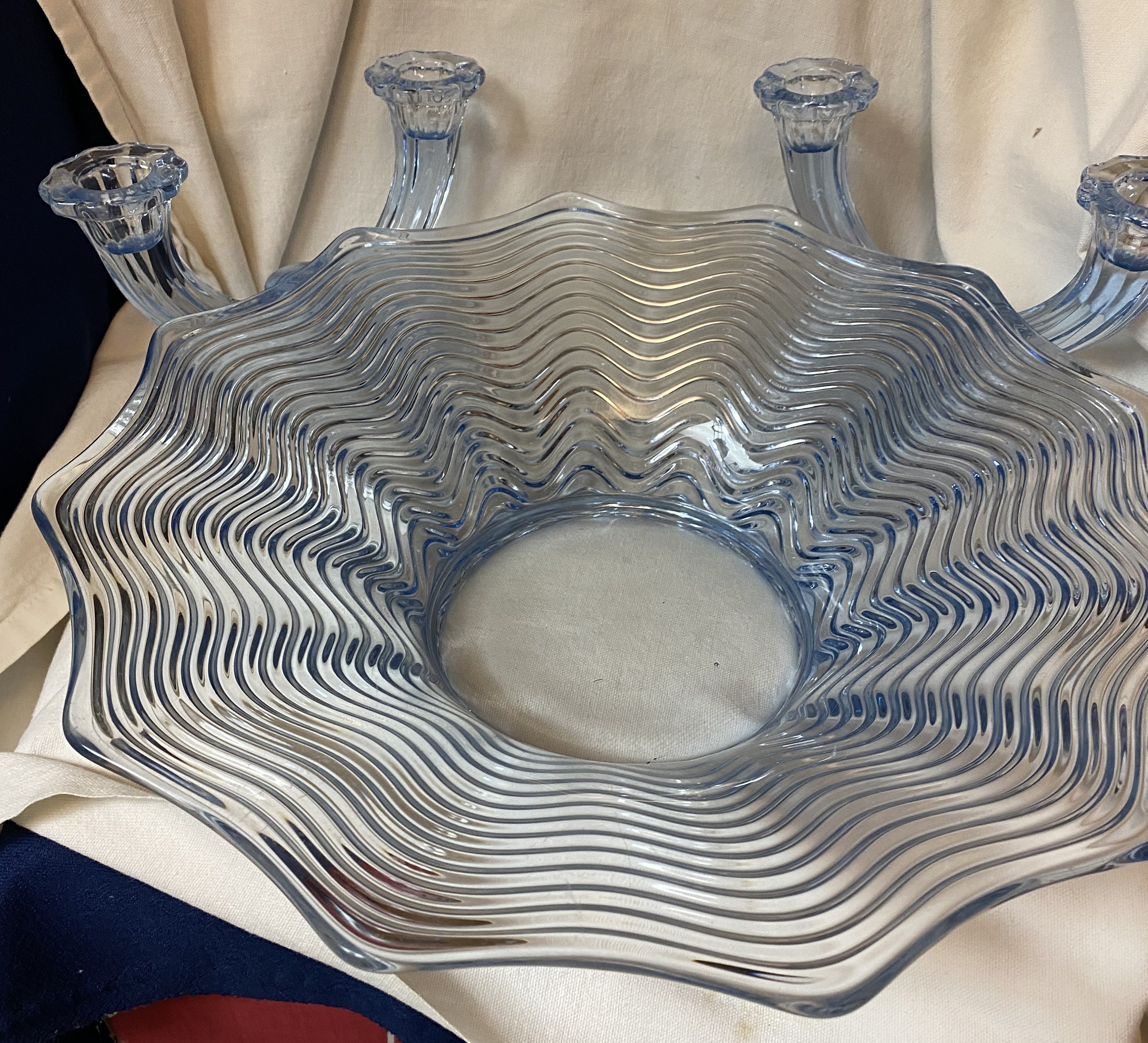 Caribbean Blue Console Set 12" Bowl Pair 7" Candlesticks Duncan Miller ...