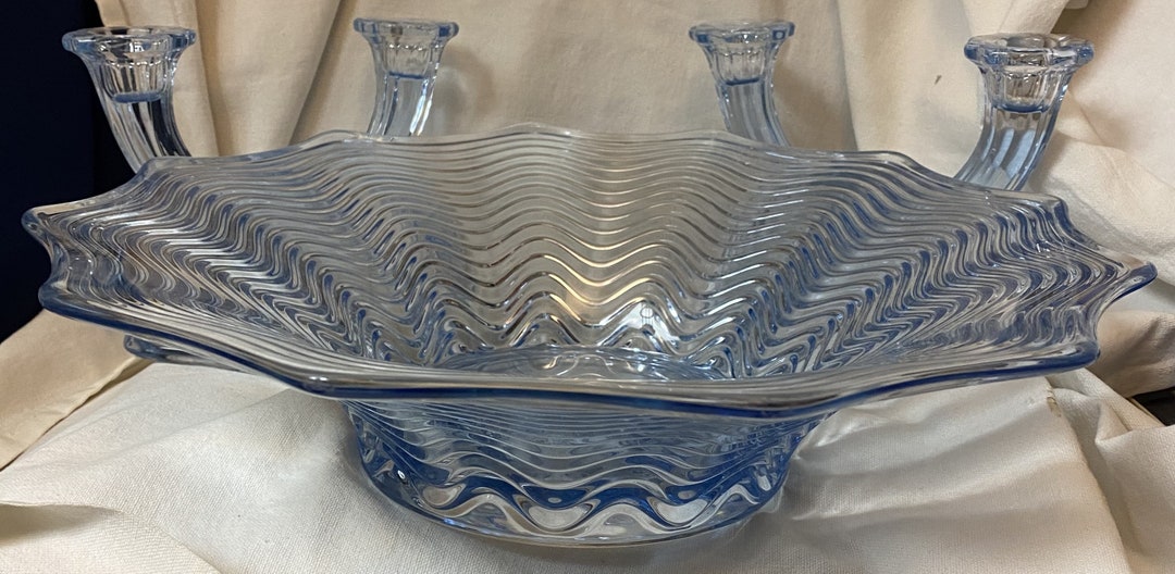 Caribbean Blue Console Set 12" Bowl Pair 7" Candlesticks Duncan Miller ...