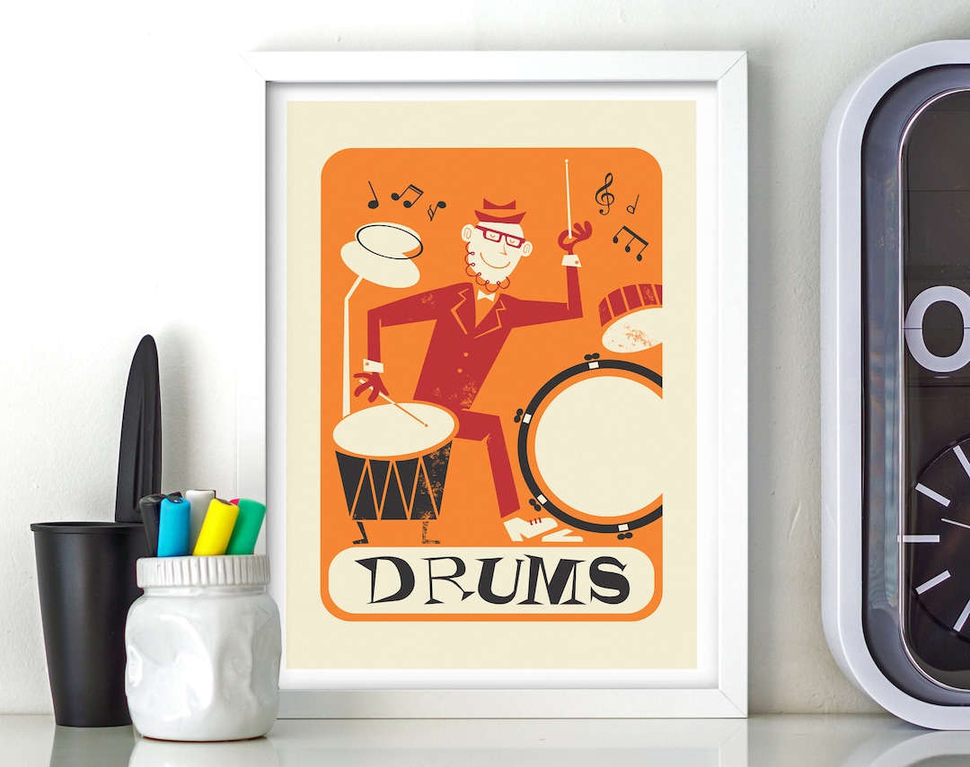 Drummer Player Vintage Retro Poster, Drums Music Room Print, Rock Music ...