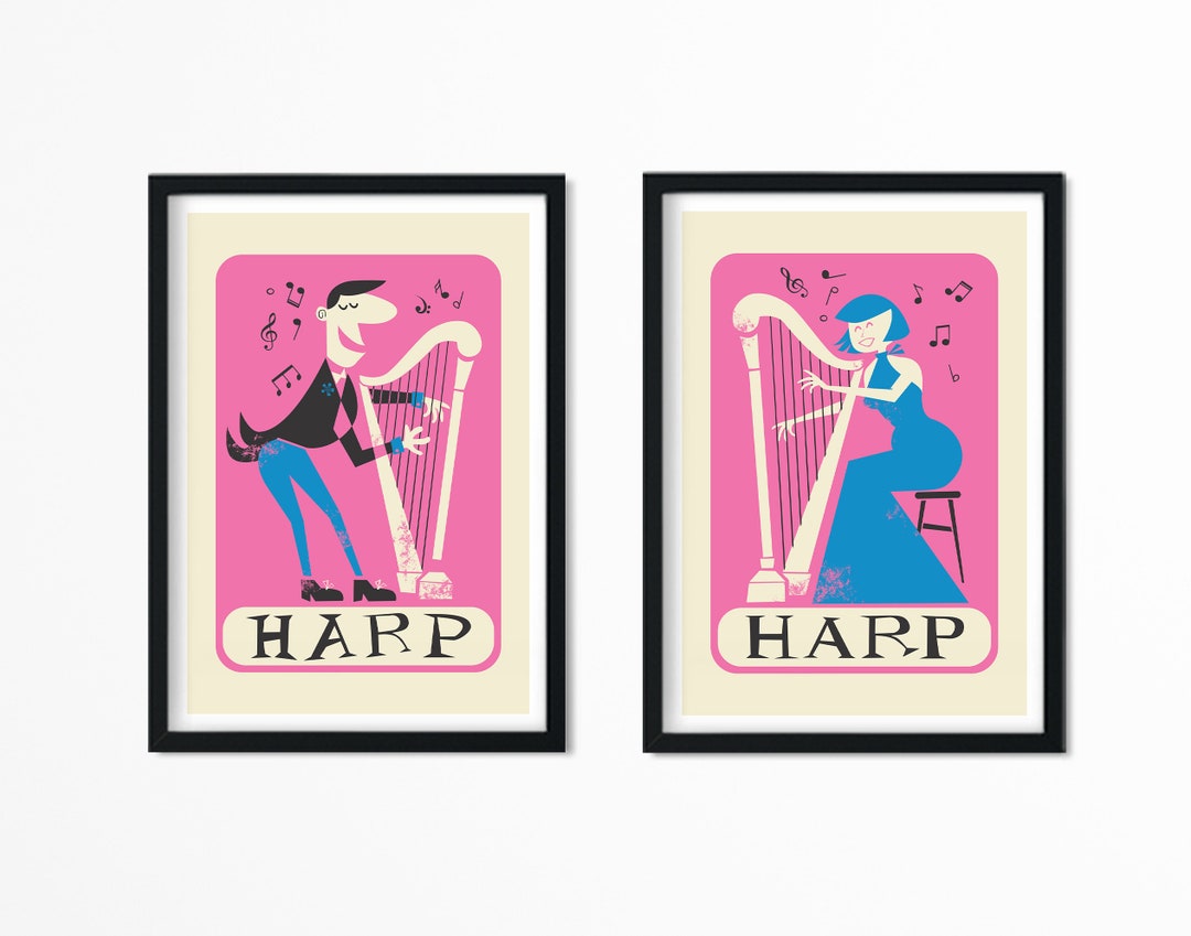 Set of Two Harp Prints, Fun Colorful Kids Bedroom Decor, Retro Mid 50s ...