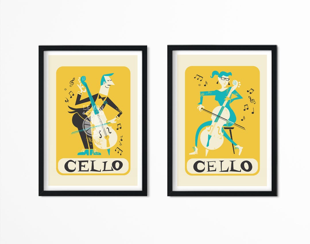 Set of Two Posters, Cellist Music Prints, Girl & Boy Playing Cello, Add ...