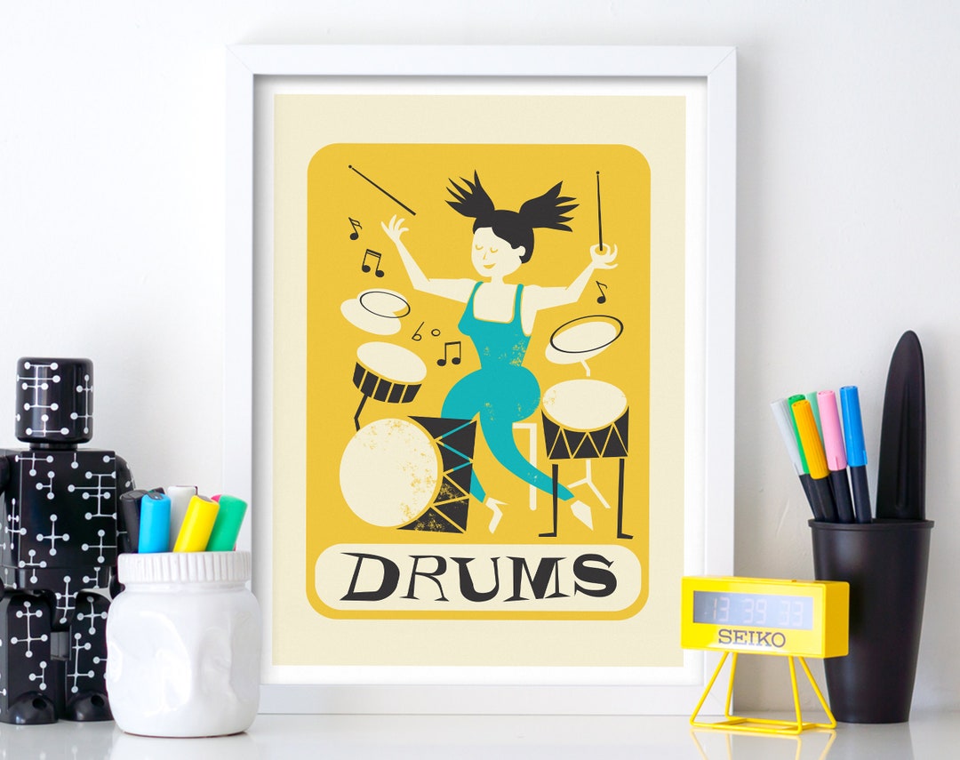 Drummer Girl Poster Print, Gift for Musician, Choose Your Colors, Rock ...