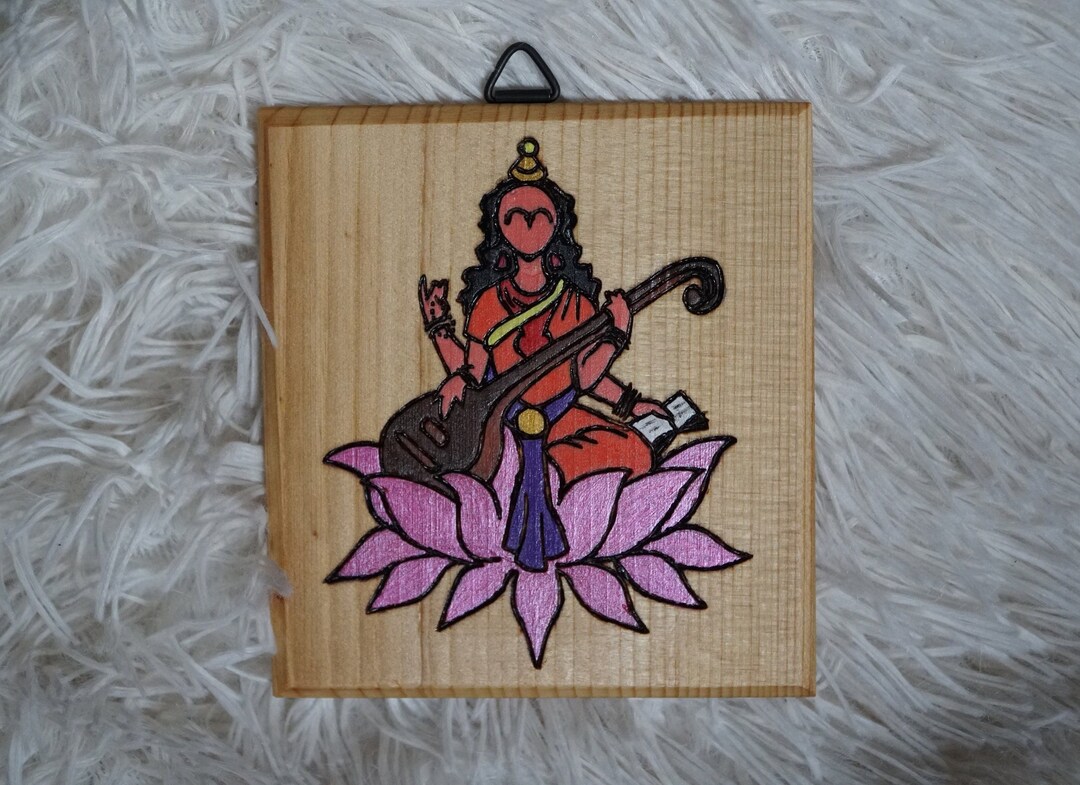 Wooden Hanging Pyrography Saraswati Indian Goddess Pink Orange Pine ...