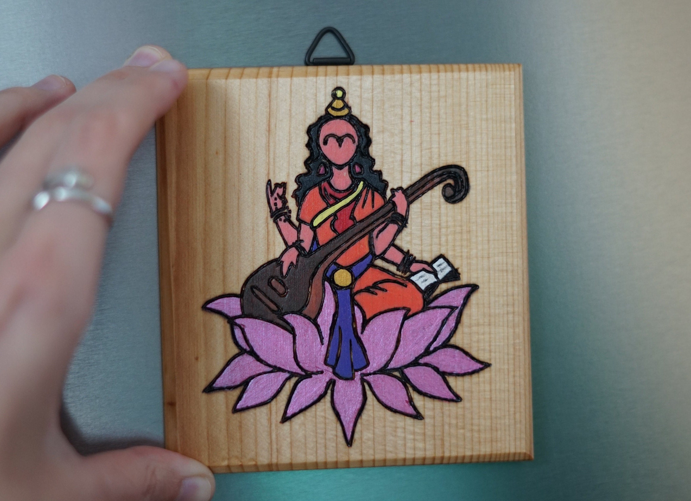 Wooden Hanging Pyrography Saraswati Indian Goddess Pink Orange Pine ...