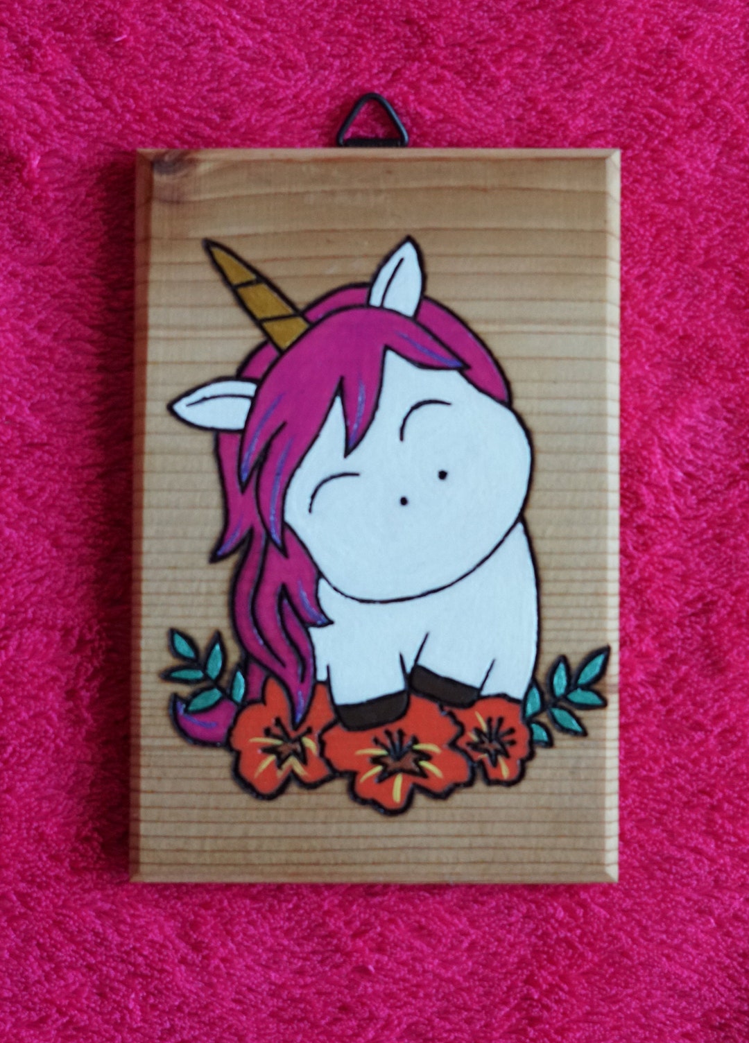 Wooden Hanging Pyrography Unicorn White & Pink Pine Acrylic Paints ...