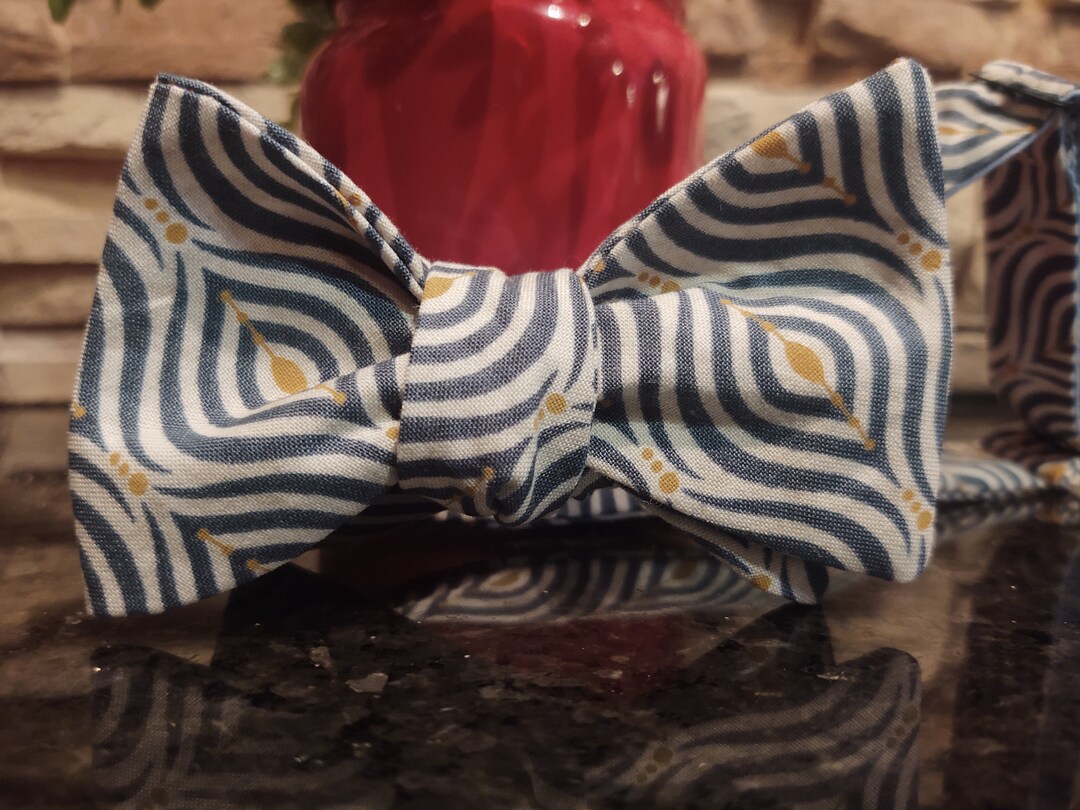 Blue and Gold Bow Tie / Adult Self Tie Bow Tie / Geometric Bow Tie ...