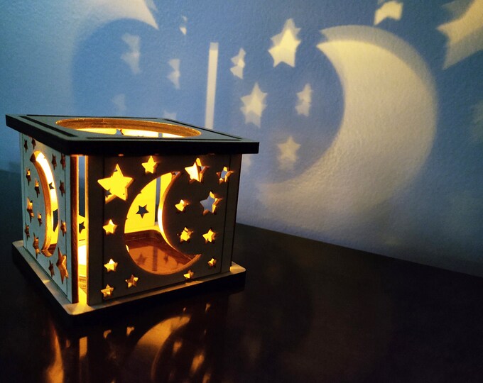 Crescent Moon and Stars Shadow Casting Natural Wood LED Lantern, Rustic ...