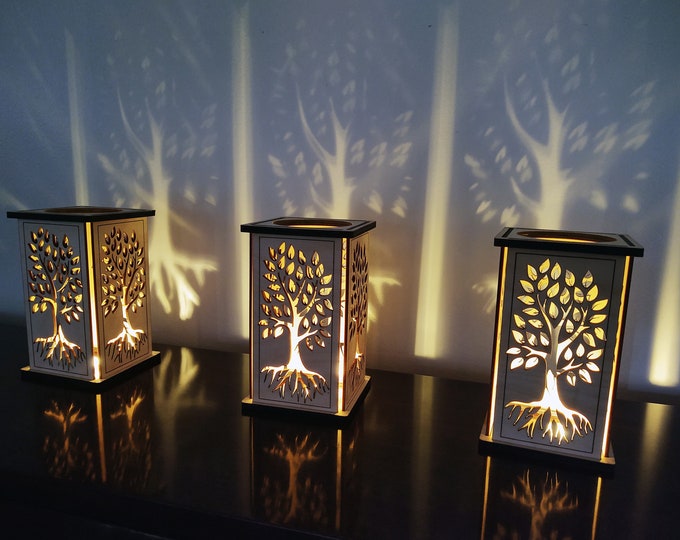Tree of Life Rustic 6 Inch Lantern, Shadow Casting, Natural Wood LED ...
