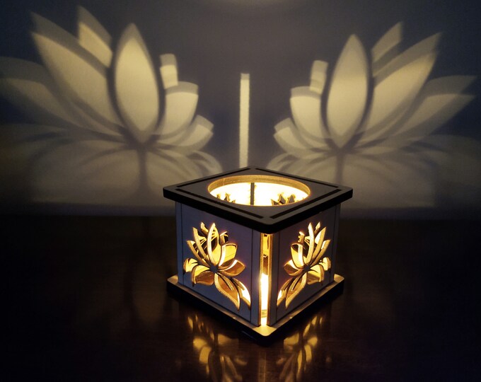 Lotus Flower Shadow Casting Natural Wood LED Lantern, Rustic 3 Inch ...
