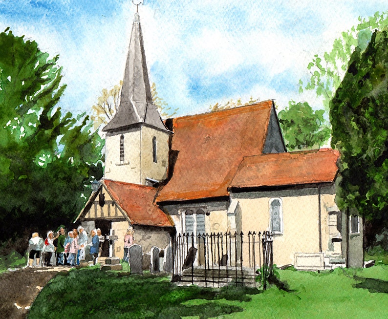 St Peter and St Paul's Church, Chaldon, Surrey. Original Watercolour ...