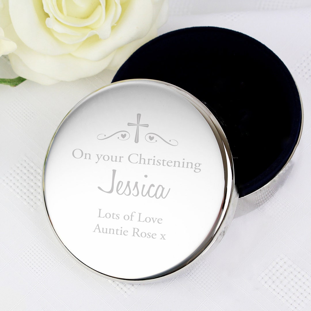 Personalised Round Religious Swirls and Hearts Trinket Box , 1st Holy ...