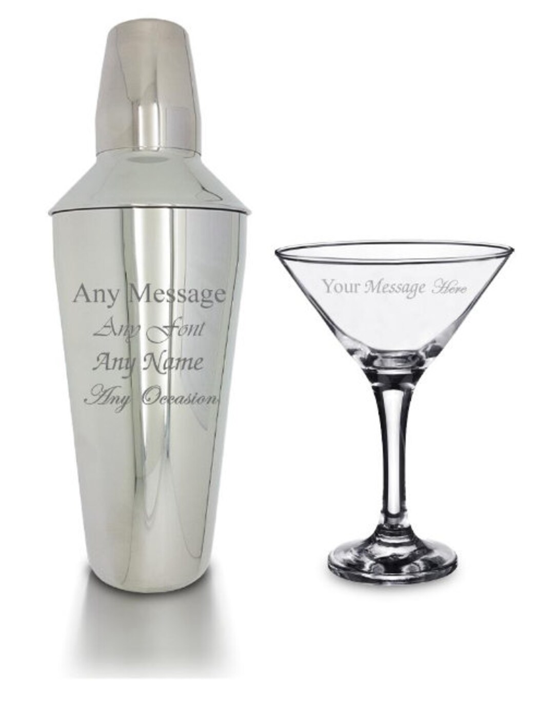 Personalised Engraved Stainless Steel Cocktail Shaker , Martini Glass ...