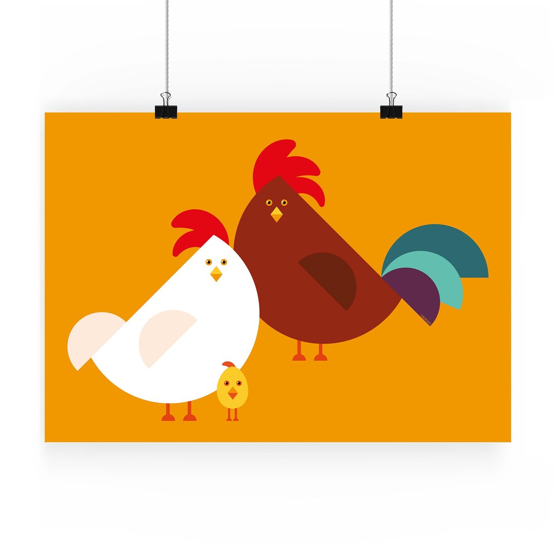 Chicken Family Art Print: Abstract Rooster, Hen & Chick Giclée ...