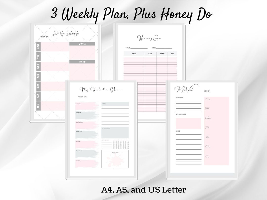 3 Weekly Plan Sheets, Plus Honey Do List Printable, in Pink - Etsy