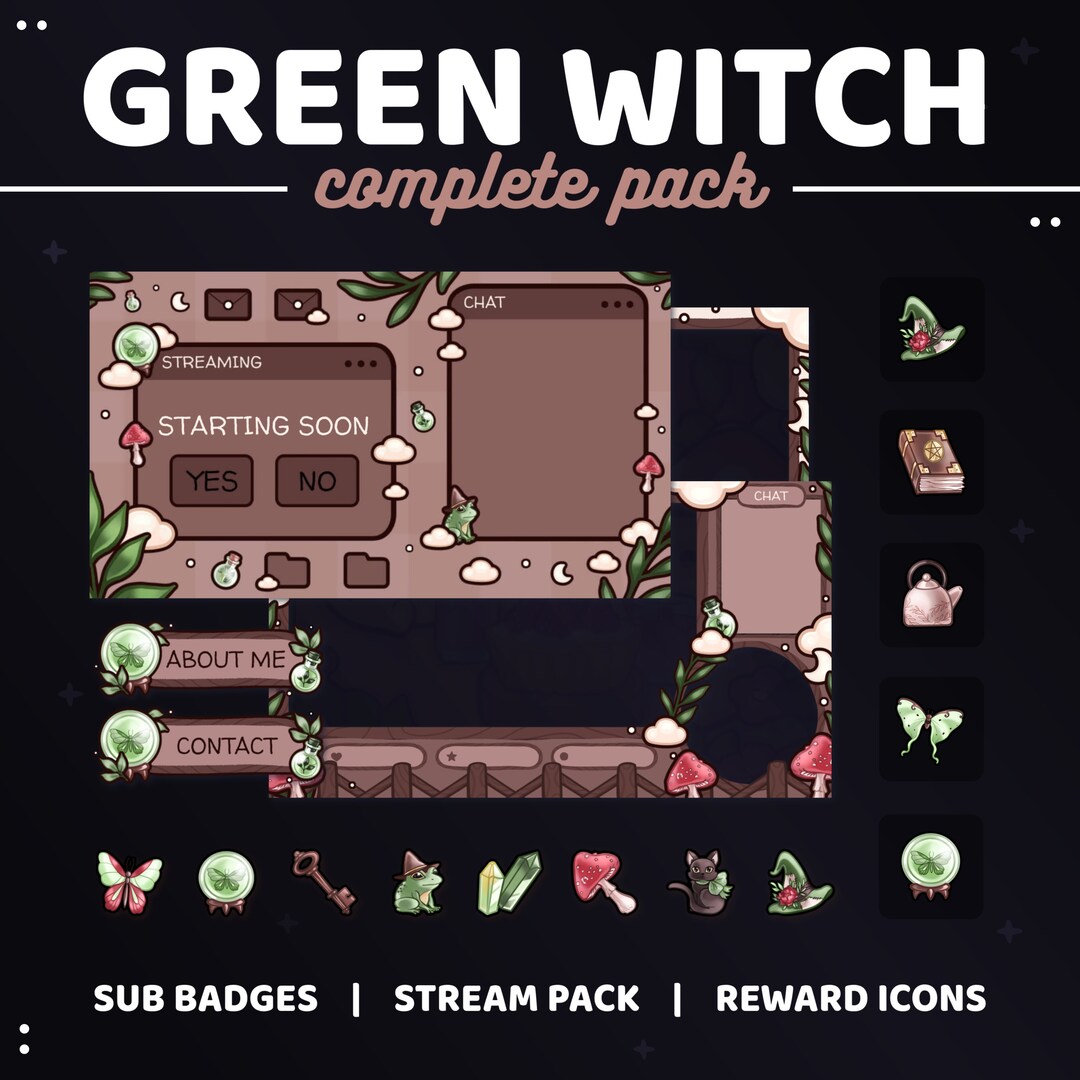 Green Witch Stream Package | Animated Twitch Overlay, Badges (digital ...