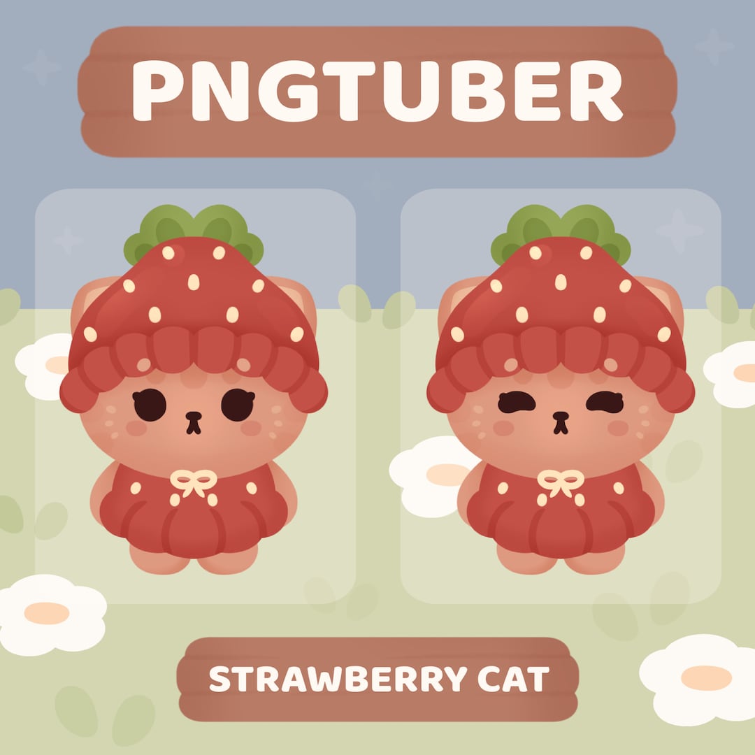 Kawaii Strawberry Cat Pngtuber Model | 5 Expressions | Streamer Vtuber ...