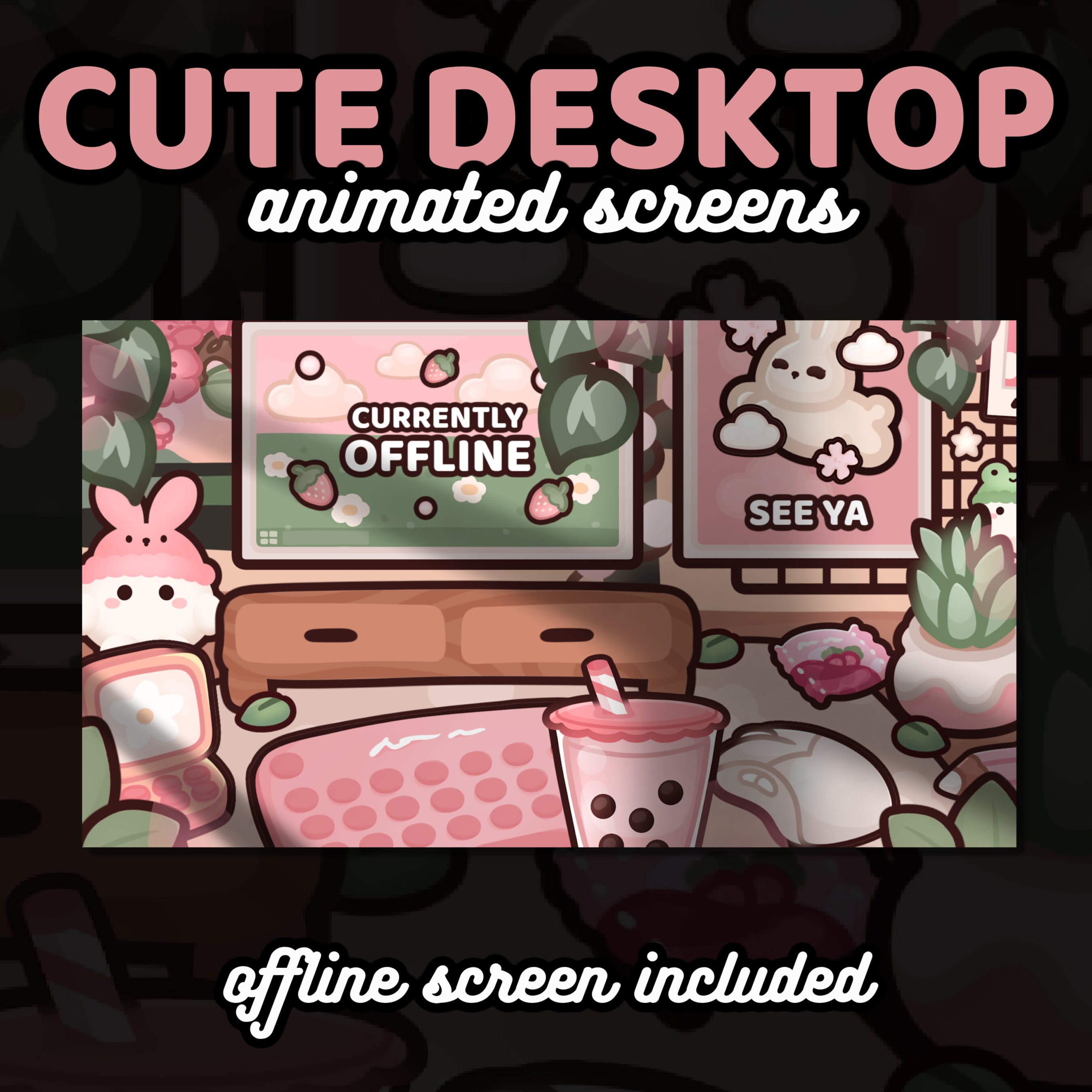 3x Animated Cute Desktop Twitch Screens Desk / Kawaii / Pink / Boba ...