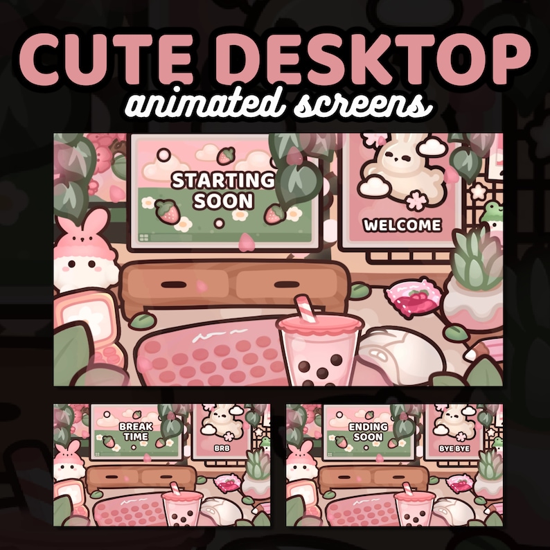 3x Animated Cute Desktop Twitch Screens Desk / Kawaii / Pink / Boba ...