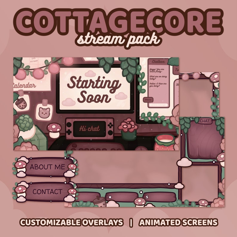 Cottagecore Cozy Lofi Stream Package 3 Animated Screens, 6 Overlays, 8 Static Alerts, Banner ...