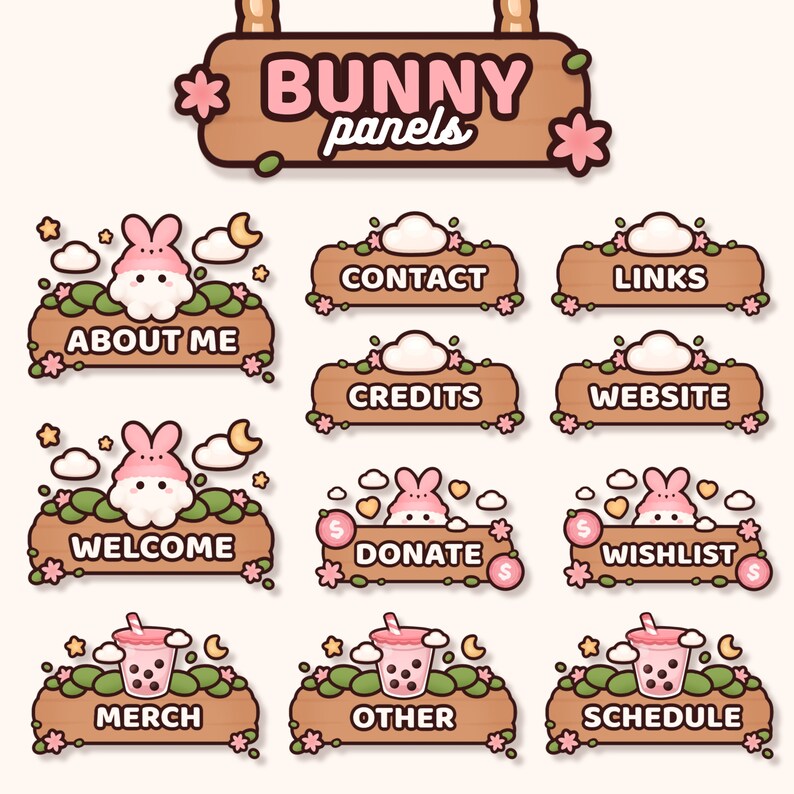 20x Bunny Panels | Kawaii / Cute / Pink / Bunnies / Moon / Stars ...