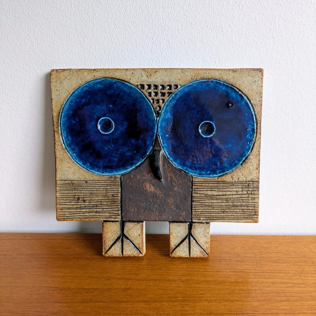 RARE Inger Persson Modern OWL Wall Plate - Bright BLUE Beige Funky ...
