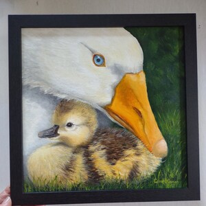 Original Goose Oil Painting, Mother and Baby Framed Wildlife Art (10x10 ...