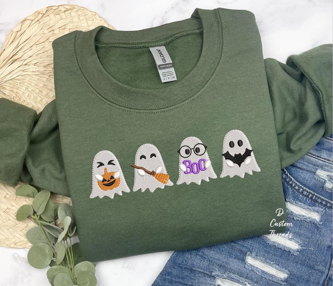 Embroidered Cute Ghost Sweatshirt Embroidered Halloween Sweatshirt ...