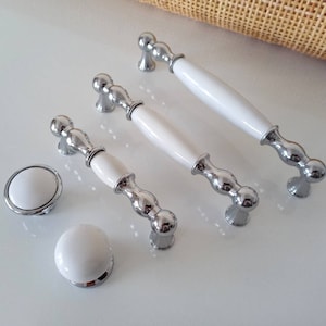 White Drawer Knobs and Pulls 3.75" 5" 6.3" 7.5" Chrome and White ...