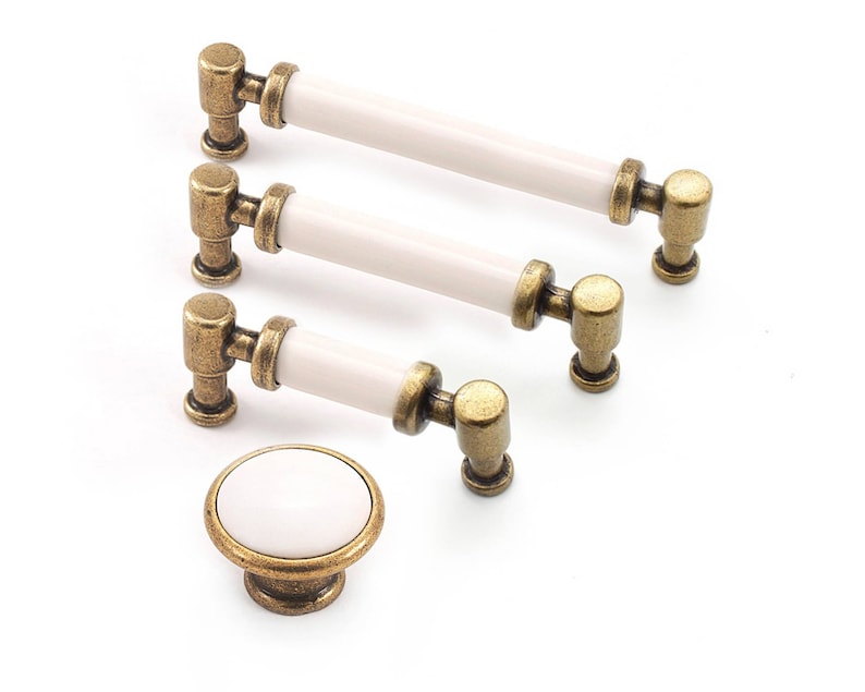 Cream and White Porcelain Cabinet Pulls: Antique Bronze Farmhouse Knobs ...