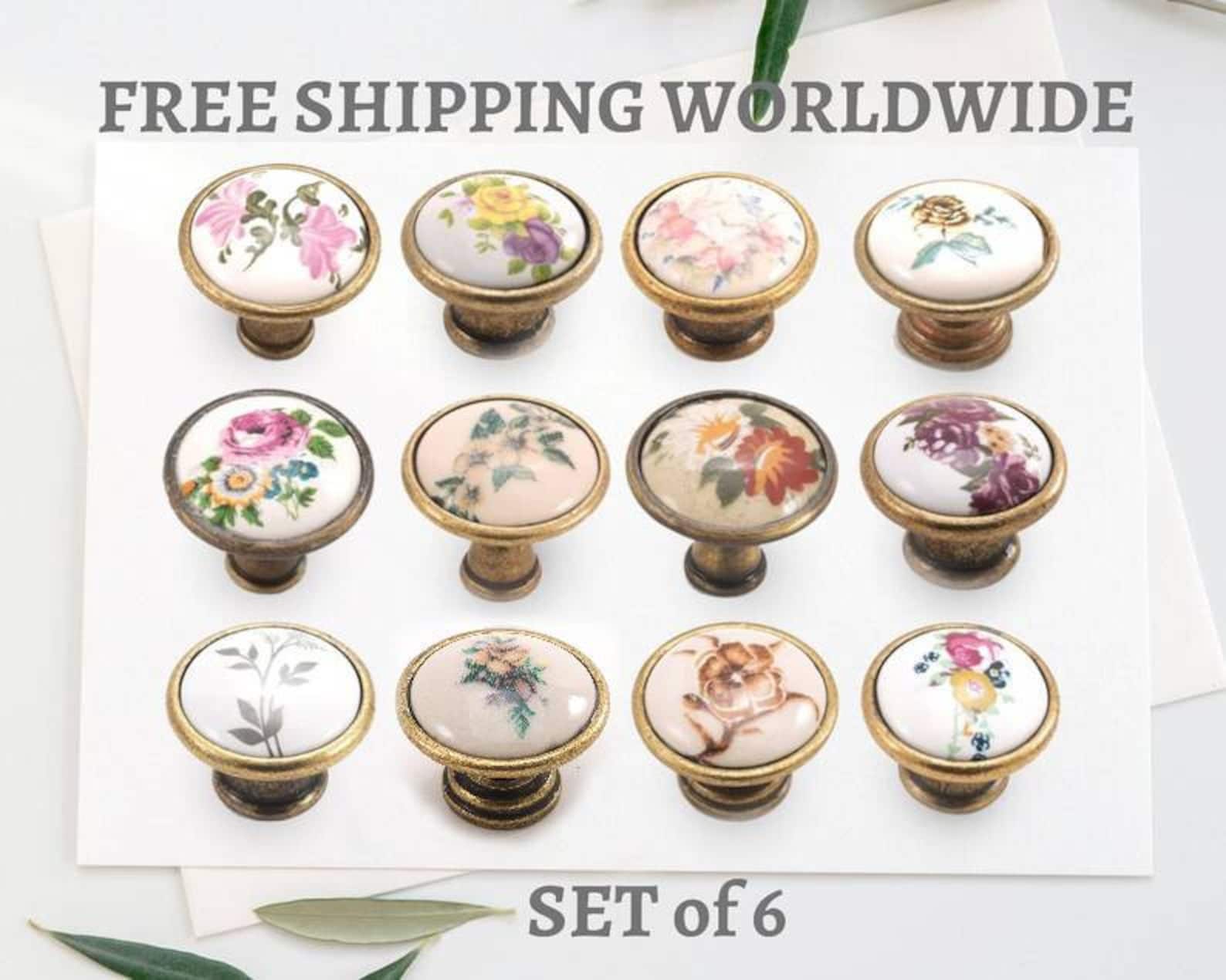 Floral Knobs Set 6 Porcelain Vintage Knobs Dresser Knob | Etsy