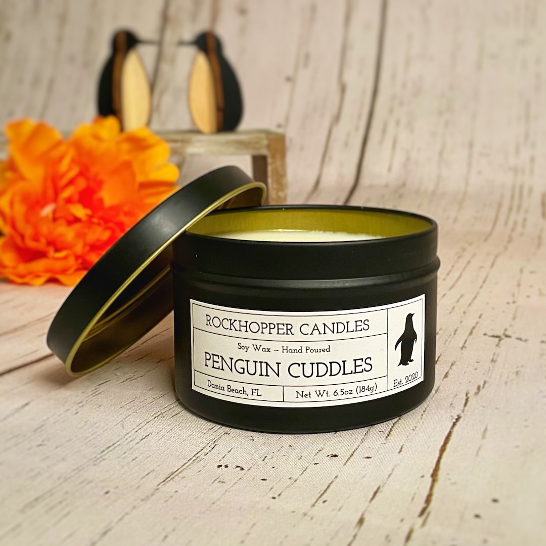 Penguin Cuddles, 6.5oz Soy Wax Candle, Black Tin, Penguin Candle ...