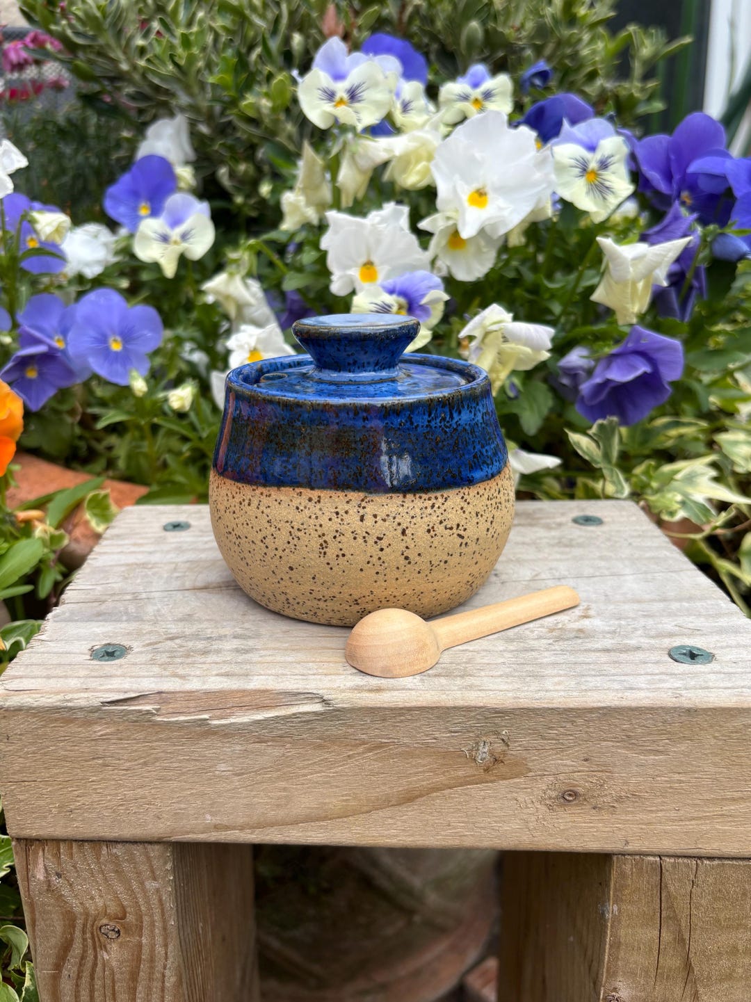 Salt Pot With Wooden Spoon - 240ml Height 8.5cm - Handmade Ceramic ...