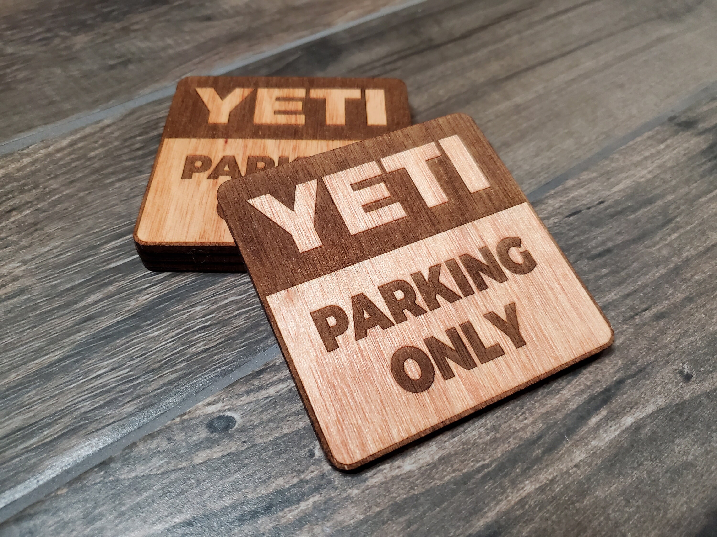 Laser Engraved Yeti Wooden Drink Coasters Yeti Parking Only Street Sign ...