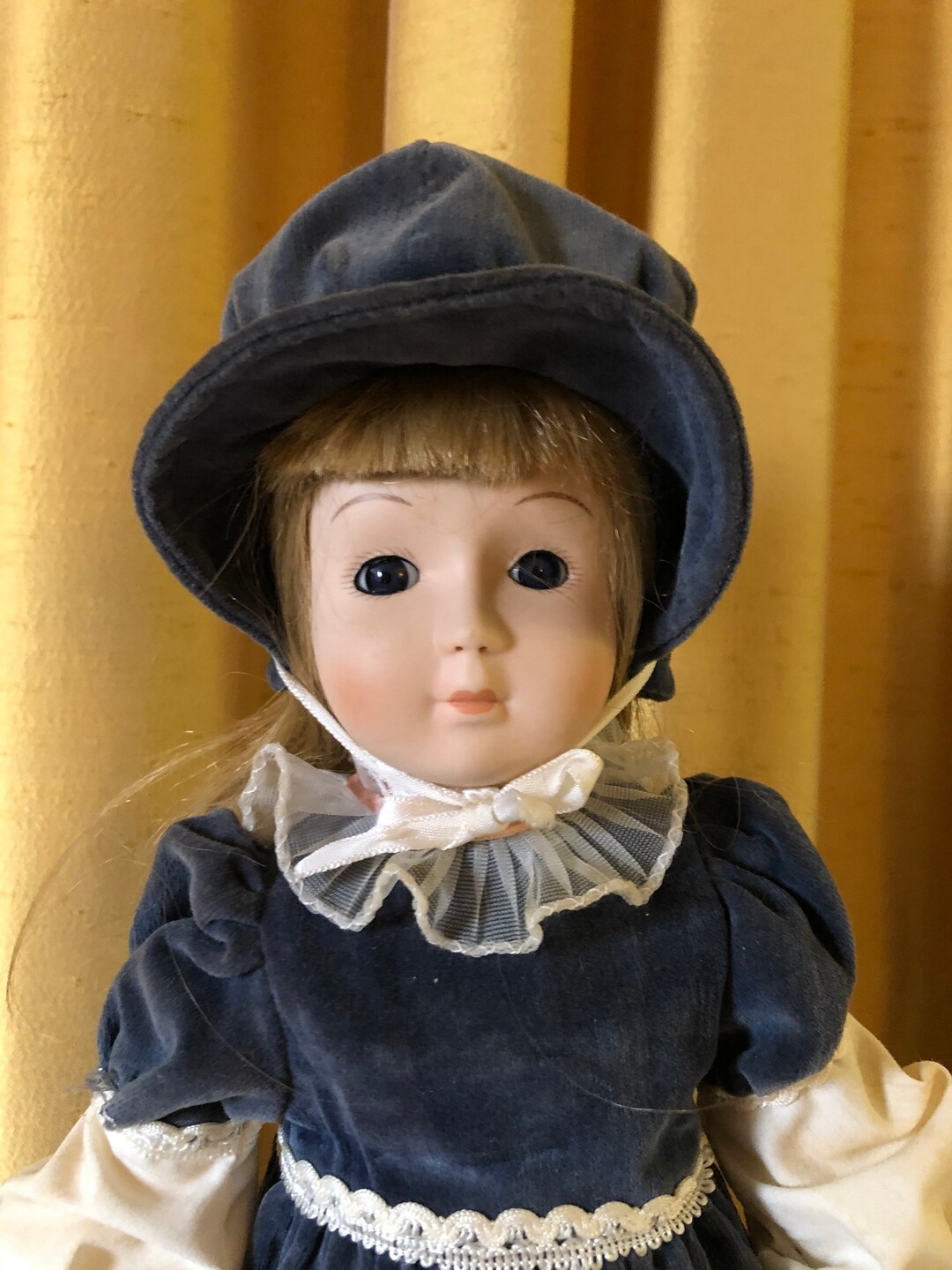 Vintage RUSS Porcelain Doll: Victorian Blue Velvet Dress, Blonde Hair ...