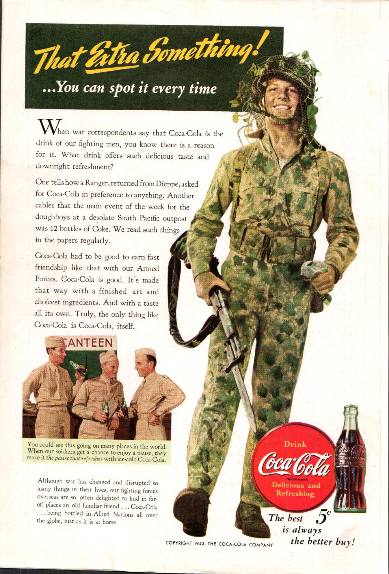1943 Coca-cola Print Ad WWII Camouflage Army Soldier Coke "the Extra ...